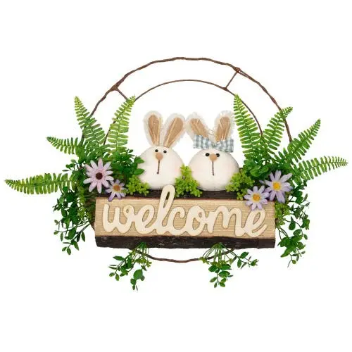 NORTHLIGHT Easter Rabbit Couple Floral "welcome" Sign16-inch - Multi