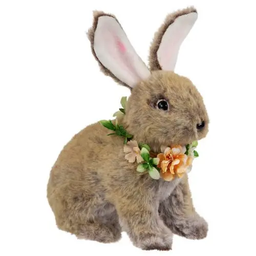 NORTHLIGHT Plush Rabbit With Flower Wreath Easter Figurine8.5 - Brown