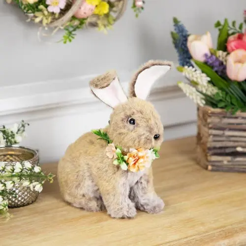 NORTHLIGHT Plush Rabbit With Flower Wreath Easter Figurine8.5