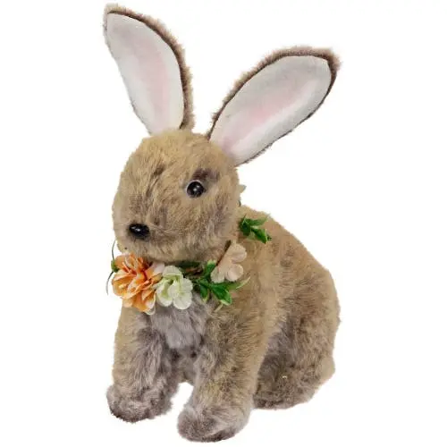 NORTHLIGHT Plush Rabbit With Flower Wreath Easter Figurine8.5