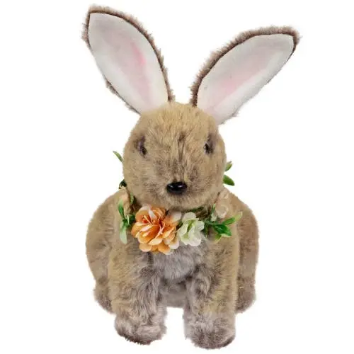 NORTHLIGHT Plush Rabbit With Flower Wreath Easter Figurine8.5