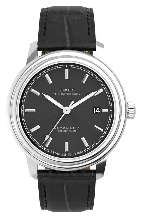 Timex® Waterbury Metropolitan Automatic Leather Strap Watch - Black