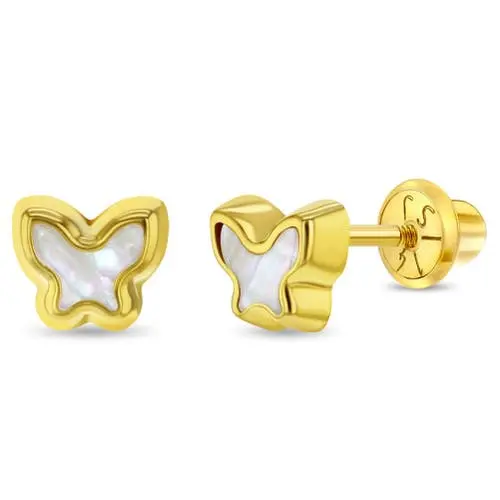 IN SEASON JEWELRY 14k Yellow Gold Mother Of Pearl Stud Earrings - White Butterfly