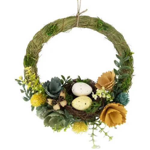 NORTHLIGHT Easter Egg And Bird Nest Small Artificial Wreath With Shaved Wood Flowers12 - Green