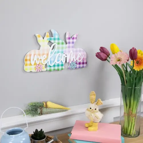 NORTHLIGHT Gingham Bunnies Welcome Easter Wall Sign13.75