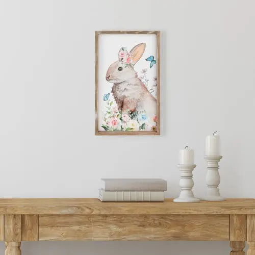 NORTHLIGHT Easter Bunny With Flowers Framed Wall Sign11.75