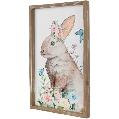 NORTHLIGHT Easter Bunny With Flowers Framed Wall Sign11.75