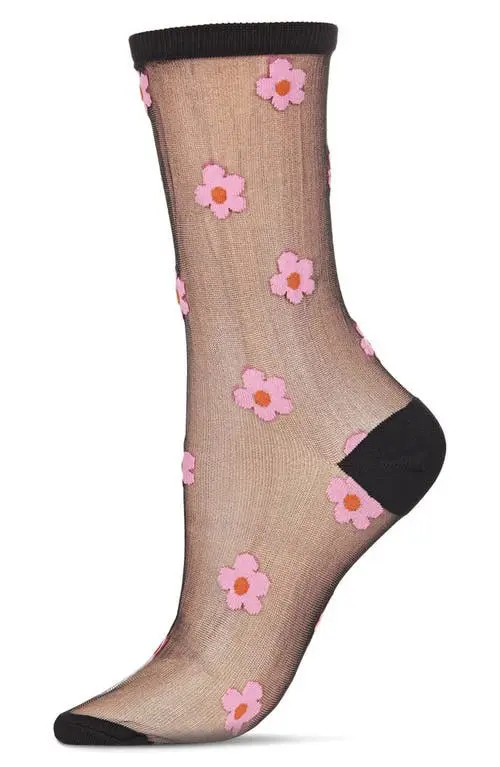 MEMOI Daisies Sheer Crew Socks - Black