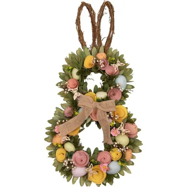 NORTHLIGHT Shaved Wood Flowers Bunny Rabbit Silhouette Easter Wreath24 - Multi