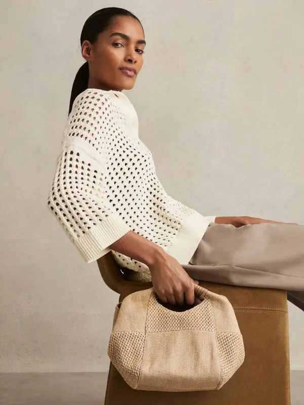 REISS Rosalie Raffia Patchwork Clutch Bag