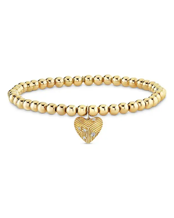 SYDNEY EVAN 14k Yellow Diamond Heart Charm Beaded Bracelet - Gold