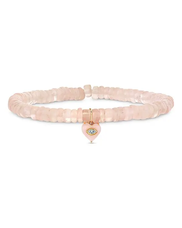 SYDNEY EVAN 14k Yellow Gold Pink Opal & Diamond Evil Eye Heart Charm Beaded Stretch Bracelet - Pink/gold