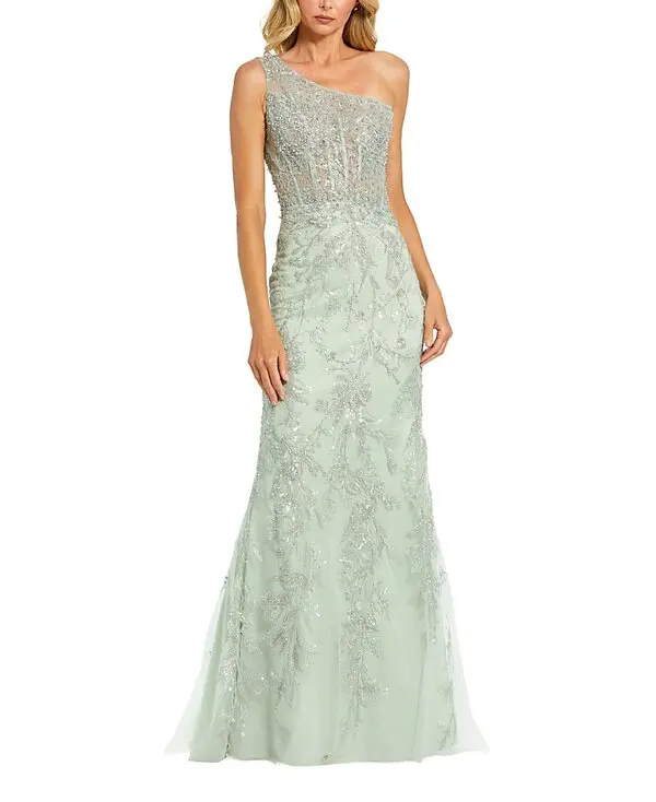Mac Duggal One-shoulder Embellished Gown - Sage