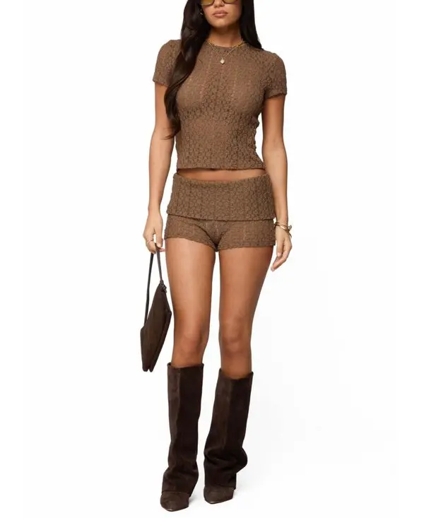 EDIKTED Rye Sheer Textured T-shirt - Brown