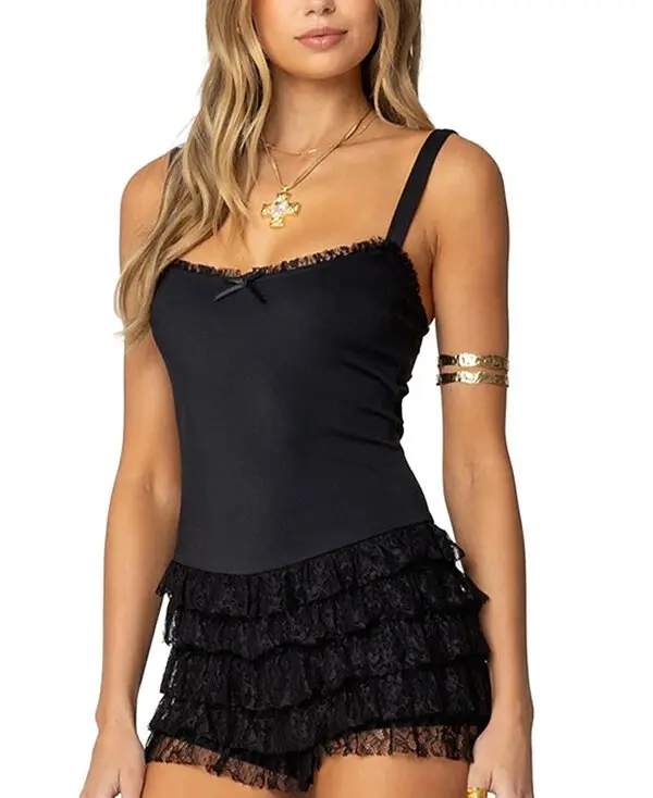 EDIKTED Lacey Ruffled Romper - Black