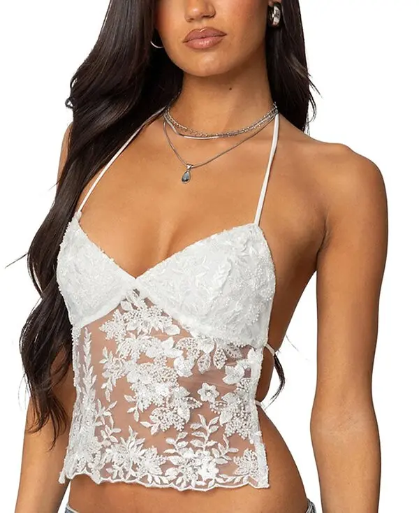EDIKTED Nyx Backless Sheer Lace Top - White