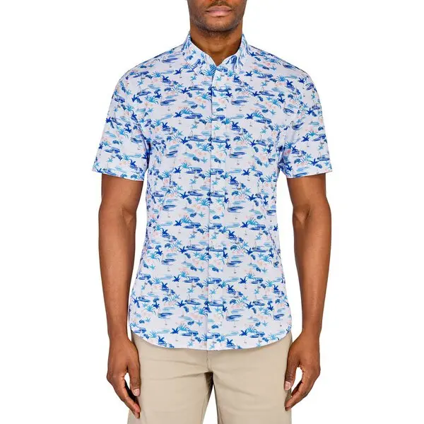 CON.STRUCT Slim Fit Sailboat Recycled 4-way Stretch Performance Short Sleeve Shirt - White/blue