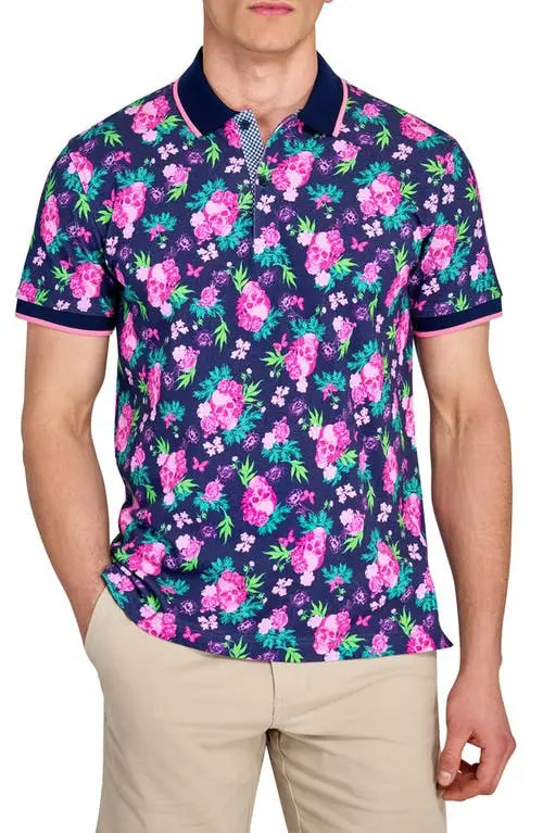 CON.STRUCT Slim Fit Floral Skull Cotton Stretch Pique Polo - Navy/pink