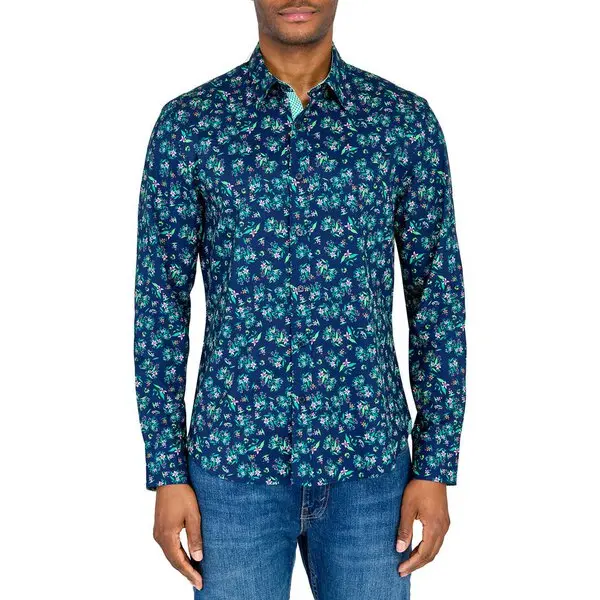 CON.STRUCT Slim Fit Lily Bouquet Recycled 4-way Stretch Performance Long Sleeve Shirt - Navy/green