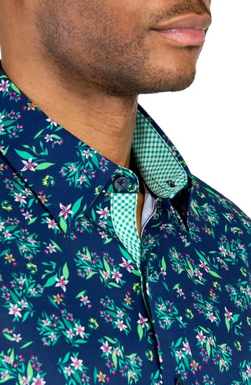 CON.STRUCT Slim Fit Lily Bouquet Recycled 4-way Stretch Performance Long Sleeve Shirt - Navy/green
