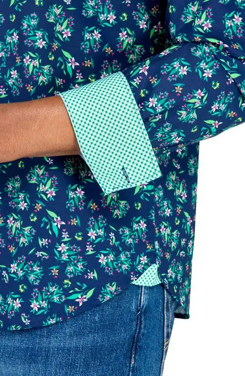 CON.STRUCT Slim Fit Lily Bouquet Recycled 4-way Stretch Performance Long Sleeve Shirt - Navy/green