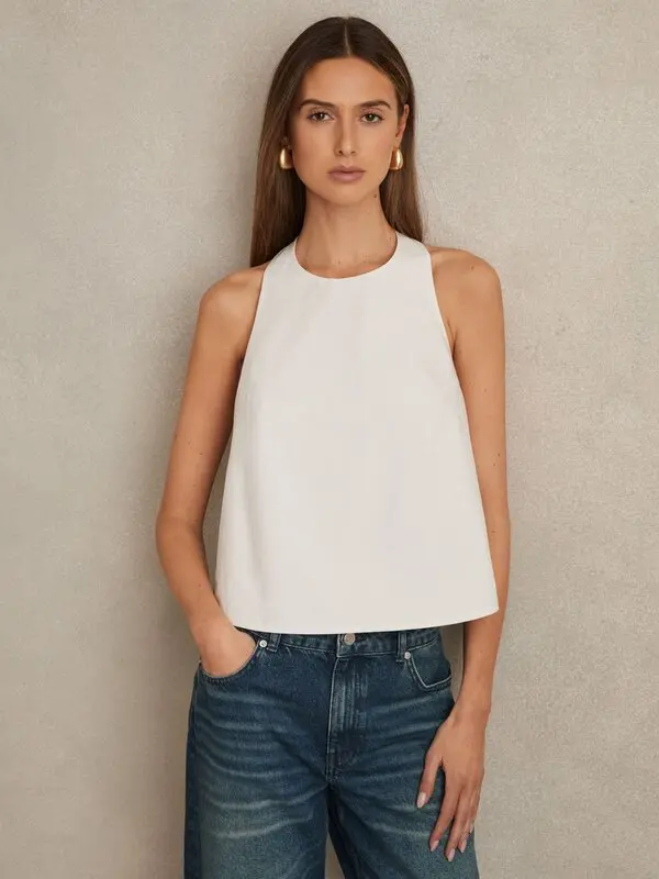 REISS Nadia Cotton Halterneck Top - Ivory