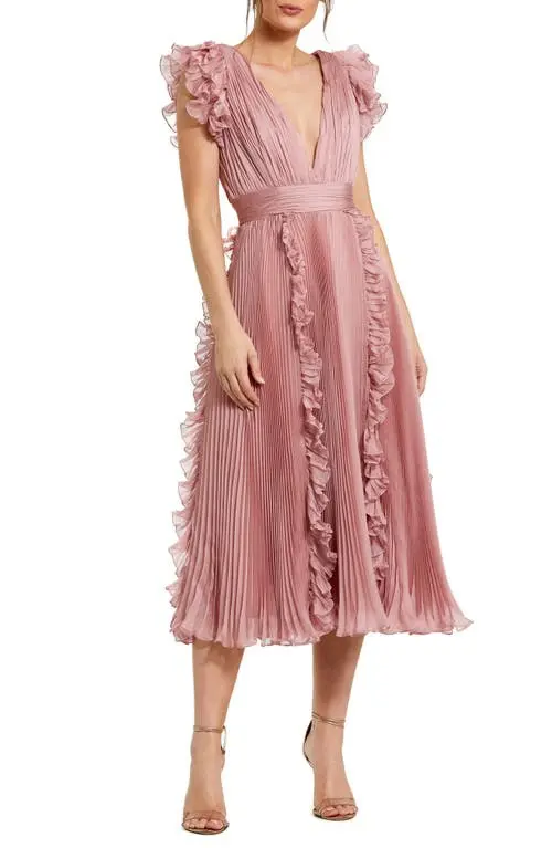 Mac Duggal Chiffon Ruffled Midi Dress - Rose