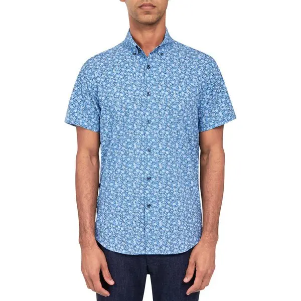 BROOKLYN BRIGADE Slim Fit Ditsy Floral 4-way Stretch Performance Short Sleeve Shirt - Blue