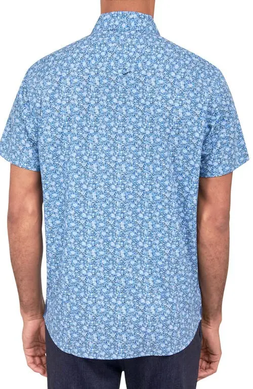 BROOKLYN BRIGADE Slim Fit Ditsy Floral 4-way Stretch Performance Short Sleeve Shirt - Blue