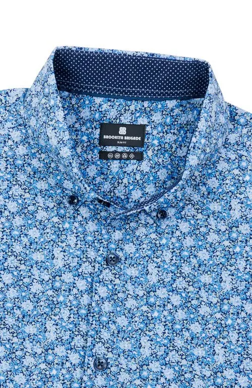 BROOKLYN BRIGADE Slim Fit Ditsy Floral 4-way Stretch Performance Short Sleeve Shirt - Blue