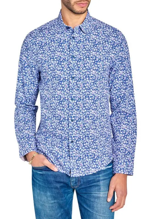 BROOKLYN BRIGADE Slim Fit Mini Floral Recycled 4-way Stretch Performance Long Sleeve Shirt - White/blue