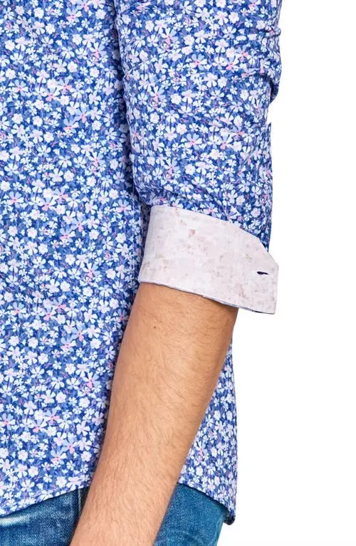 BROOKLYN BRIGADE Slim Fit Mini Floral Recycled 4-way Stretch Performance Long Sleeve Shirt - White/blue