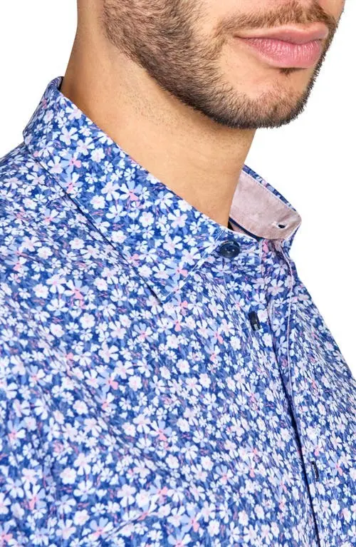 BROOKLYN BRIGADE Slim Fit Mini Floral Recycled 4-way Stretch Performance Long Sleeve Shirt - White/blue