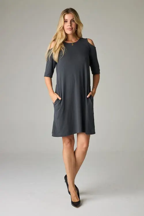 EAVOLU Caspian Eco-luxe Rib Cold-shoulder Tunic/dress - Slate
