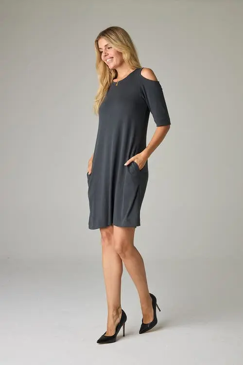 EAVOLU Caspian Eco-luxe Rib Cold-shoulder Tunic/dress - Slate