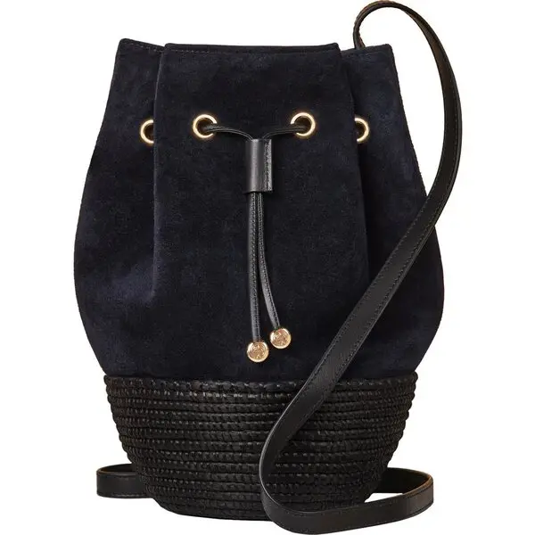 CESTA COLLECTIVE Suede And Sisal Drawstring Bucket Bag - Navy