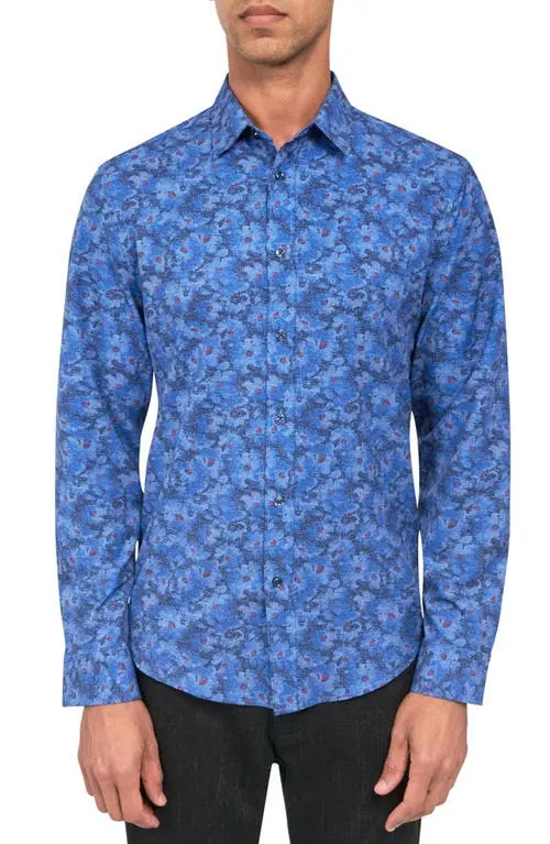 BROOKLYN BRIGADE Slim Fit Denim Floral 4-way Stretch Performance Long Sleeve Shirt - Navy