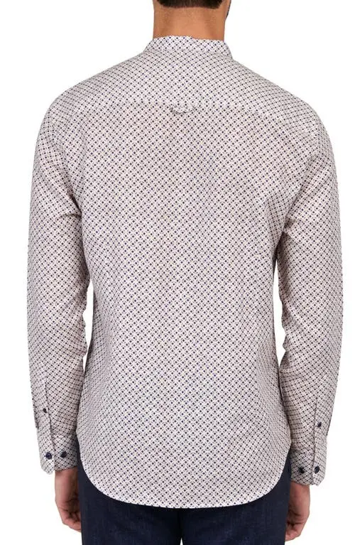 BROOKLYN BRIGADE Slim Fit Geo Linen Cotton Banded Collar Long Sleeve Shirt - Tan/blue