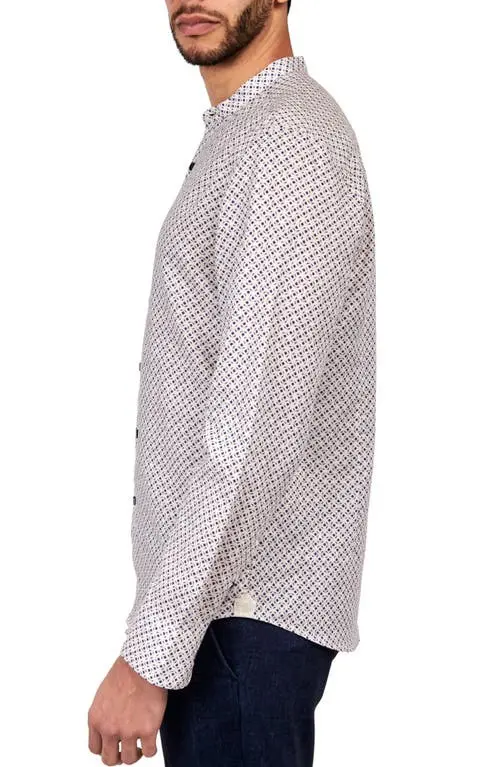 BROOKLYN BRIGADE Slim Fit Geo Linen Cotton Banded Collar Long Sleeve Shirt - Tan/blue