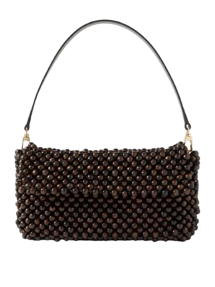 Staud Timmy Leather-trimmed Beaded Shoulder Bag - Brown