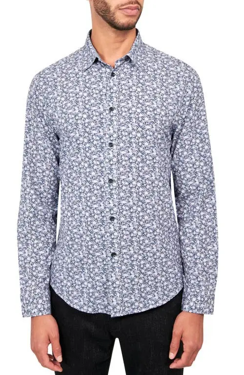 BROOKLYN BRIGADE Slim Fit Ditsy Floral 4-way Stretch Performance Long Sleeve Shirt - Grey
