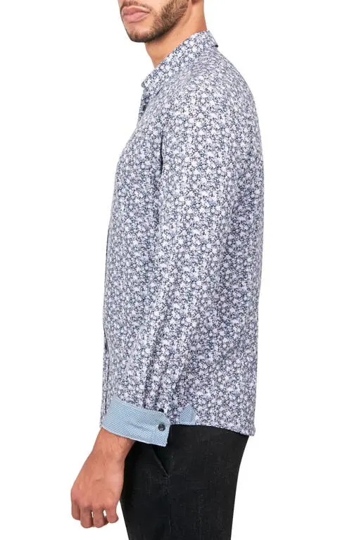 BROOKLYN BRIGADE Slim Fit Ditsy Floral 4-way Stretch Performance Long Sleeve Shirt - Grey