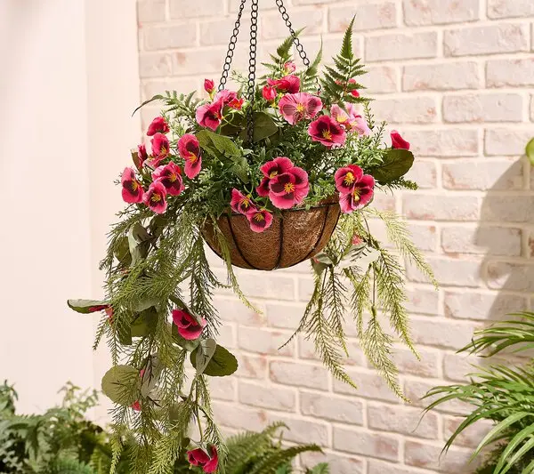 GARDEN REFLECTIONS Cascading Faux Pansy & Fern Hanging Basket - One-color