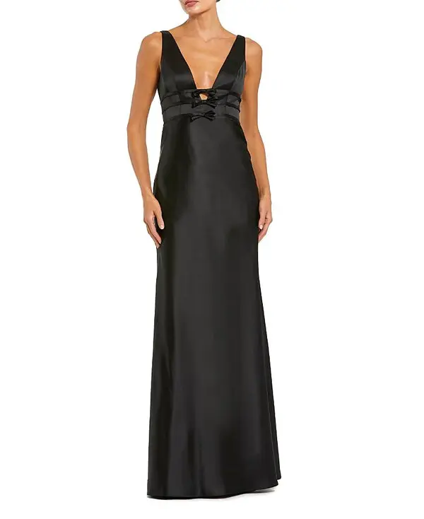 Mac Duggal Sleeveless V-neck Satin Gown With Bow Details - Black