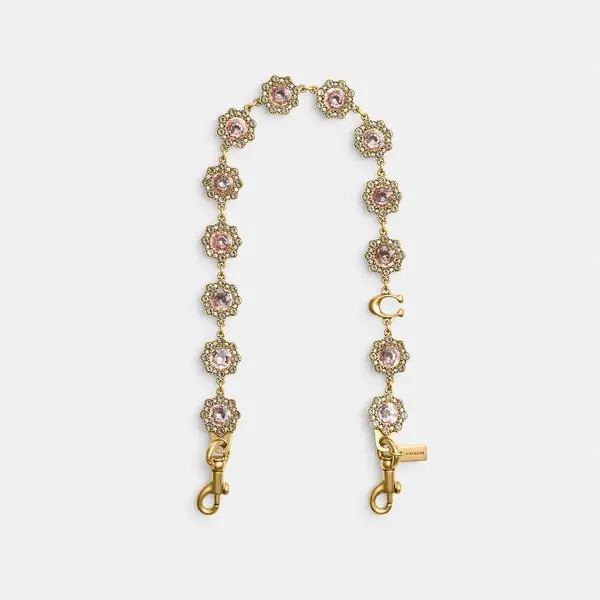 COACH Crystal Floral Motif Chain Strap With Signature Charm - Brass/pink Multi