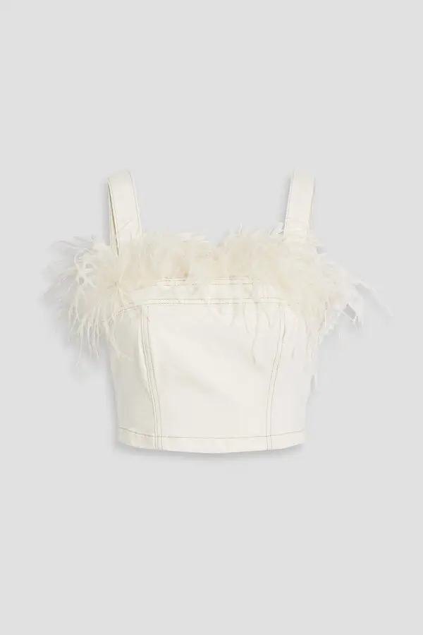 Simkhai Reeves Feather-trimmed Denim Top - Ivory