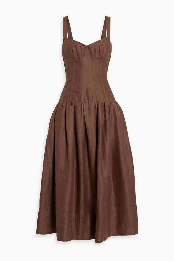 NICHOLAS Gathered Linen Midi Dress