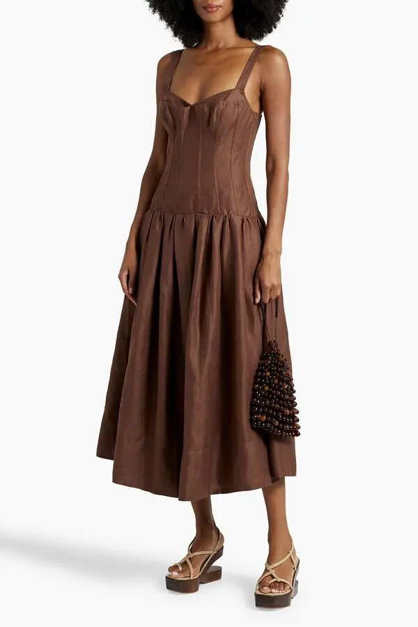 NICHOLAS Gathered Linen Midi Dress
