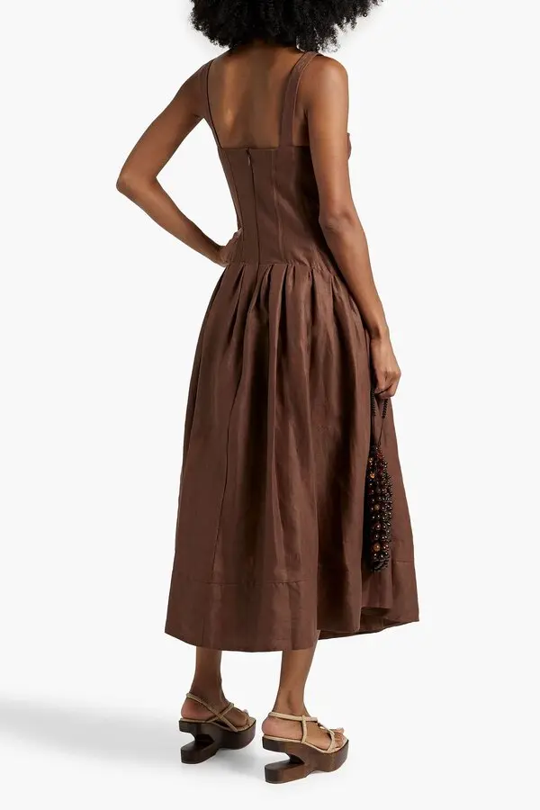 NICHOLAS Gathered Linen Midi Dress