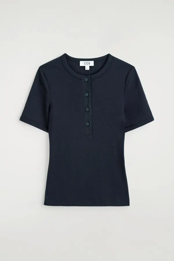 Cos Ribbed Henley T-shirt With Scoop Neck - Navy